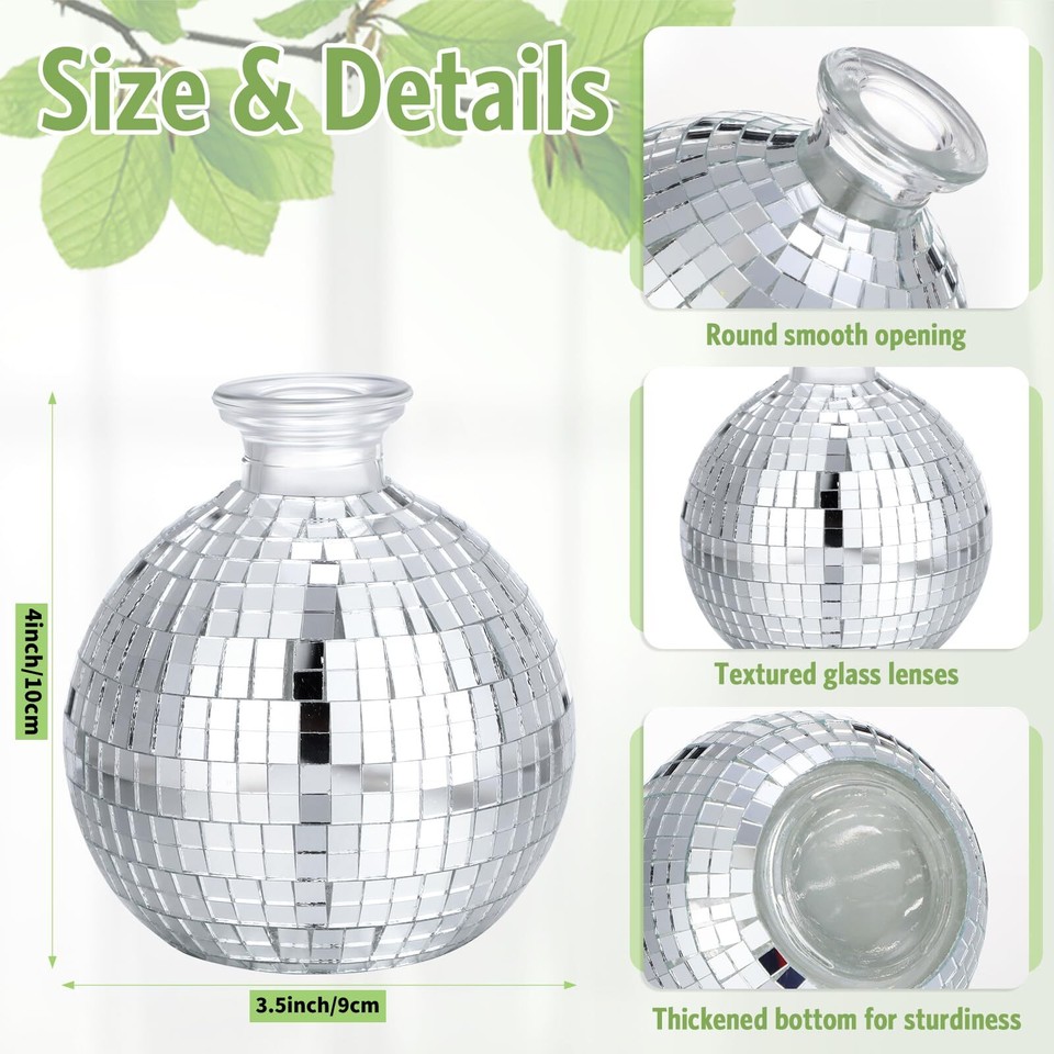 Disco Ball Vase for Flowers 4 Inch Small Glass Planter Silver Mirror ...