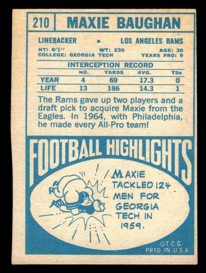 1968 Topps Maxie Baughan #210 - Los Angeles Rams | eBay