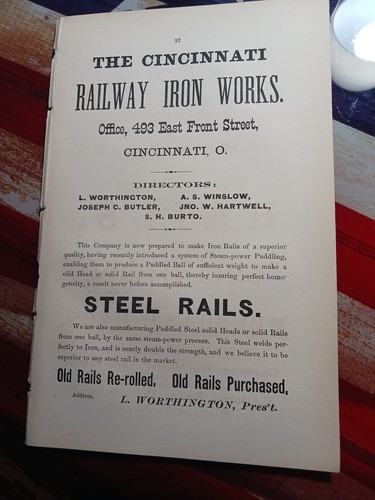 1872 print ad CINCINNATI RAILWAY IRON WORKS Railroad Rails ~ L ...