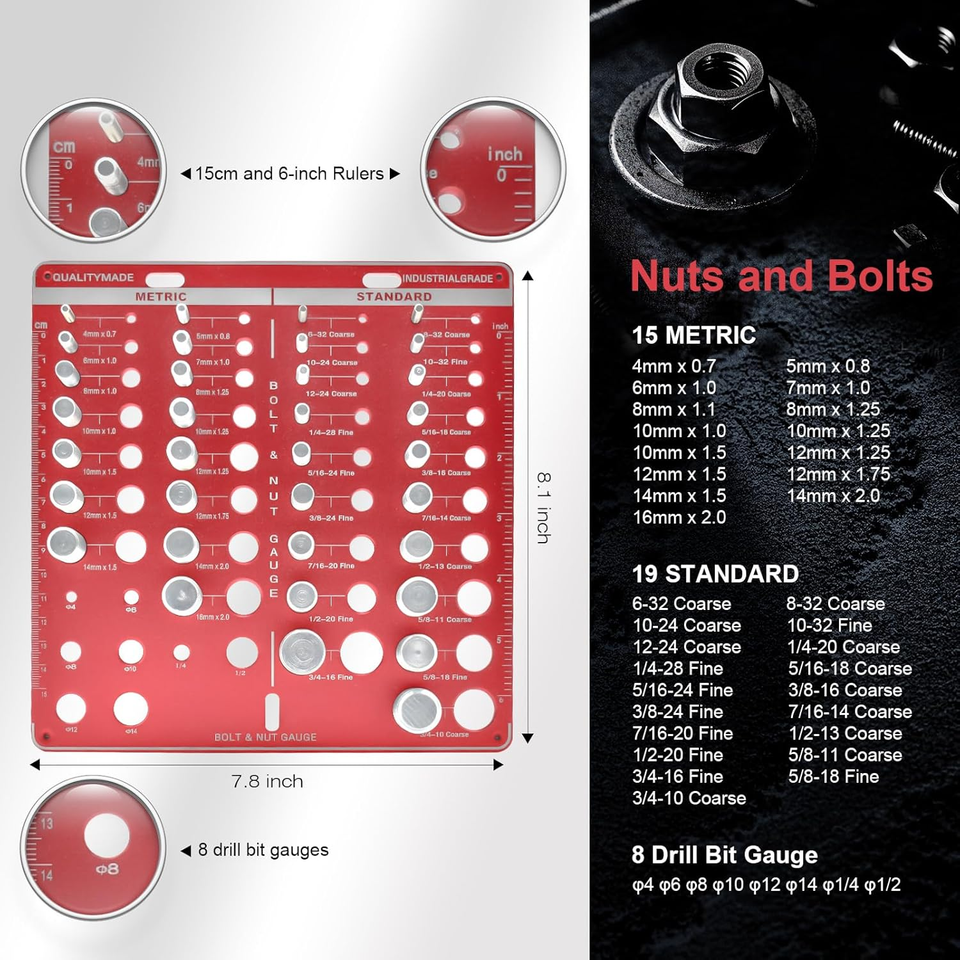Thread Checker, 42 Nut and Bolt Bolt Size Finder, 15 Metric & 19 ...