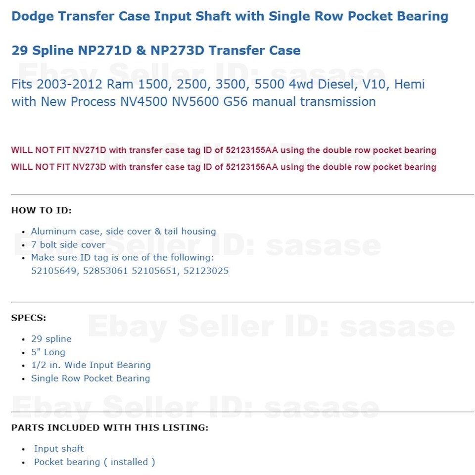 Dodge NP271 NP273 Input Shaft Transfer Case 29 Spline Single Row Pocket ...