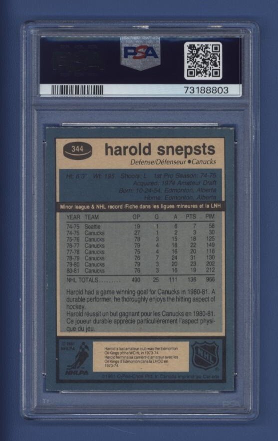 1981-82 OPC O-PEE-CHEE #344 HAROLD SNEPSTS PSA 8 NM-MT Vancouver ...