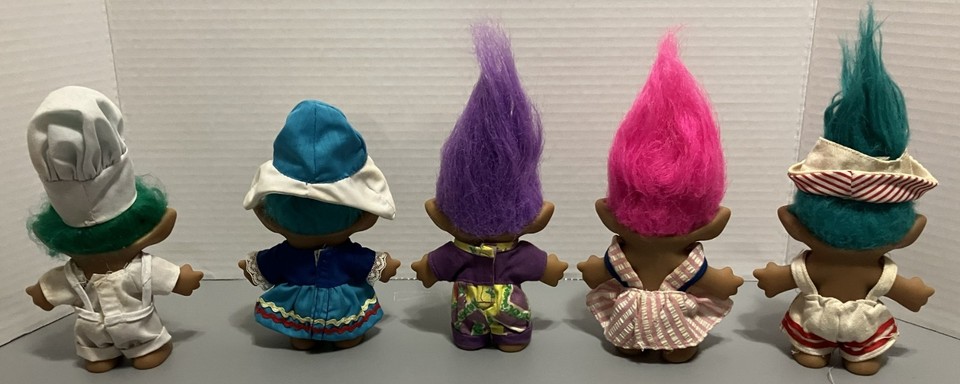 Lot of 14 vintage TROLL figures in cute outfits plus a teeter totter ...
