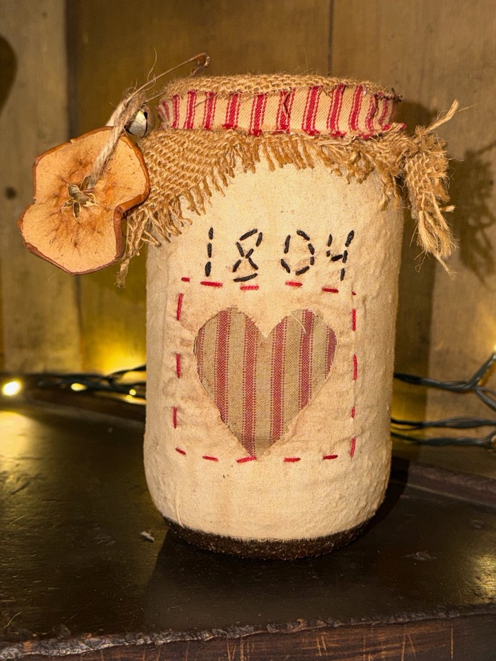 Primitive Handmade Grungy Pantry Jar 1804 Heart Muslin Burlap Shelf ...