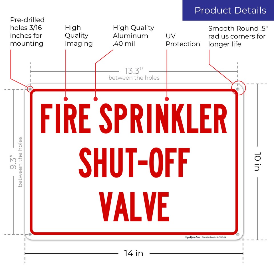 Fire Sprinkler Shut Off Valve Sign, 10x7 Rust Free Aluminum | eBay