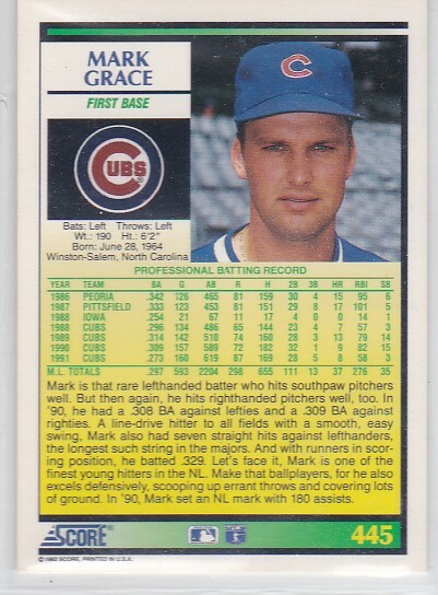 G) 1992 Score Baseball Trading Card - Mark Grace #445 | eBay