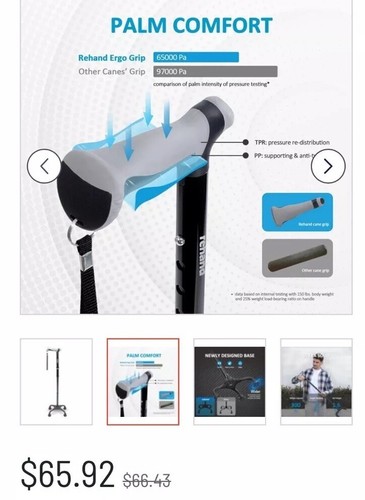 Rehand Quad Walking Cane Ergonomic Handle Extra Stability Right Left ...