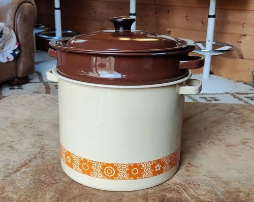 Vtg Double Boiler Stock Pot Colander Set Enamel 60s 70s Orange Brown ...