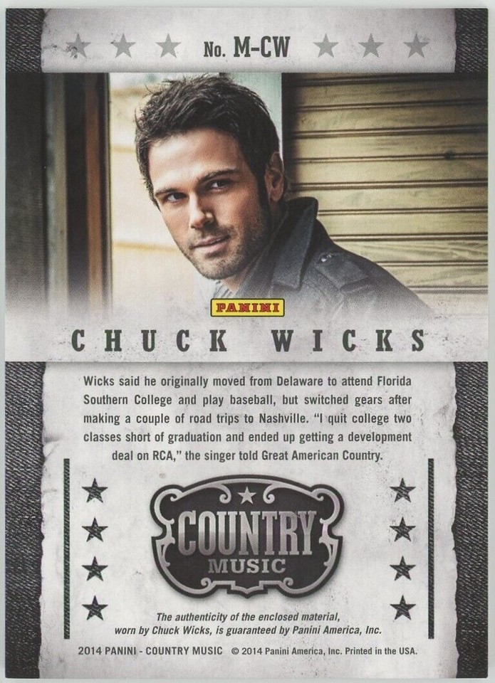 2014 Panini Country Music Chuck Wicks Musician Worn Shirt Patch #/249 ...