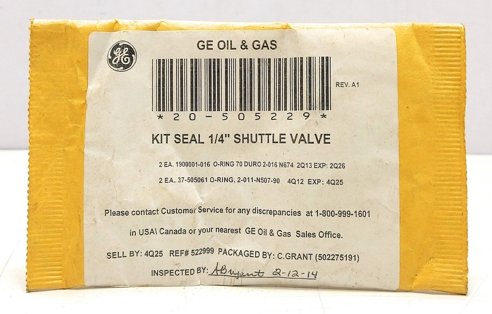 GE Oil & Gas Kit Seal 1/4" Shuttle Valve 20-505229 | eBay