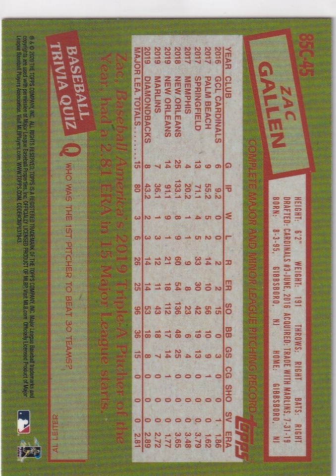 2020 Topps 85C-45 Zac Gallen Silver Pack Chrome Mojo RC Arizona ...