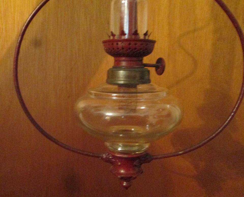 Antique Hanging OIL LAMP ~ Frame * Peg Glass Tank * Burner * Lamp ...