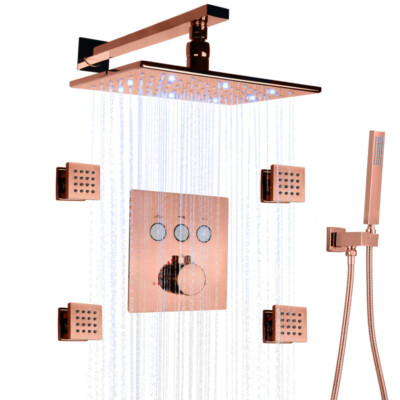Rose Gold Rain Shower System Set Thermostatic Smart LED Shower Head ...