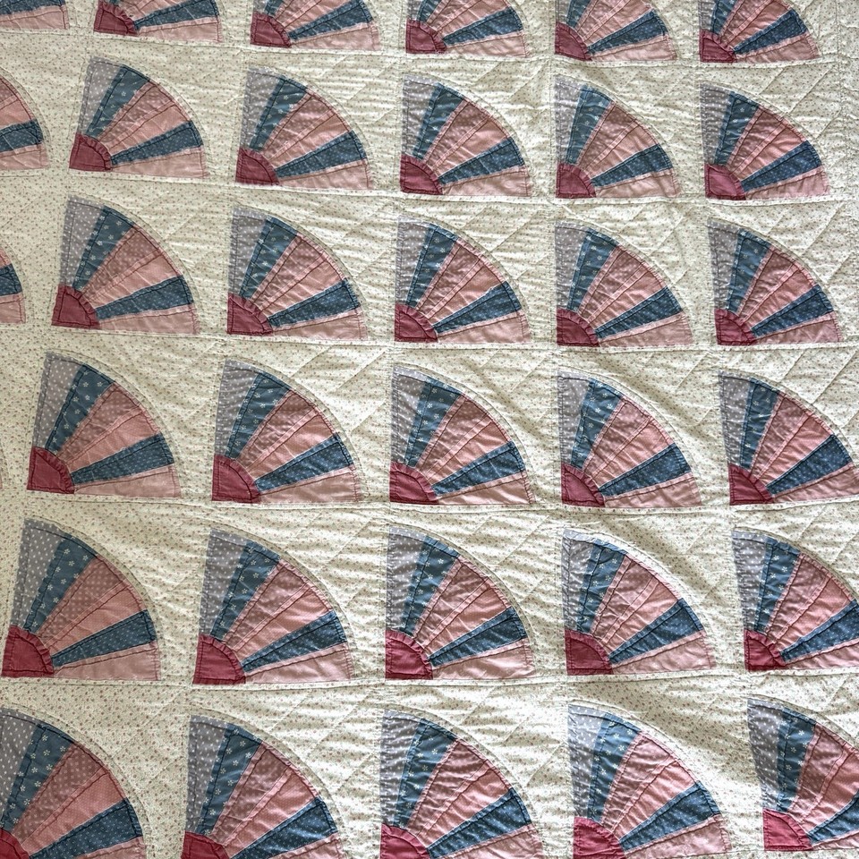 Vintage Grandma’s Fan Quilt 89” X 87” Queen Boho Handmade Rose Pink ...