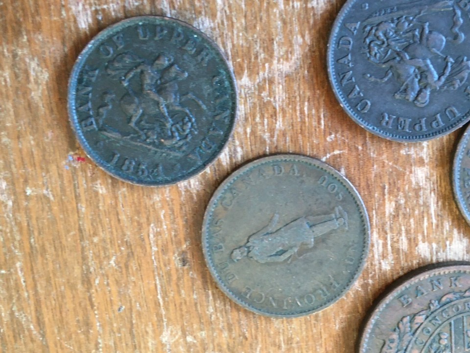 11 Canada antique trade tokens: 1842, 1852, 1857 one penny tokens, 1837 ...