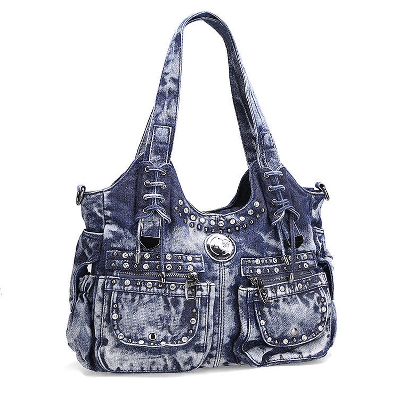 Ladies Punk Rock Travel Denim Rivet Shoulder Handbag Messenger Denim ...