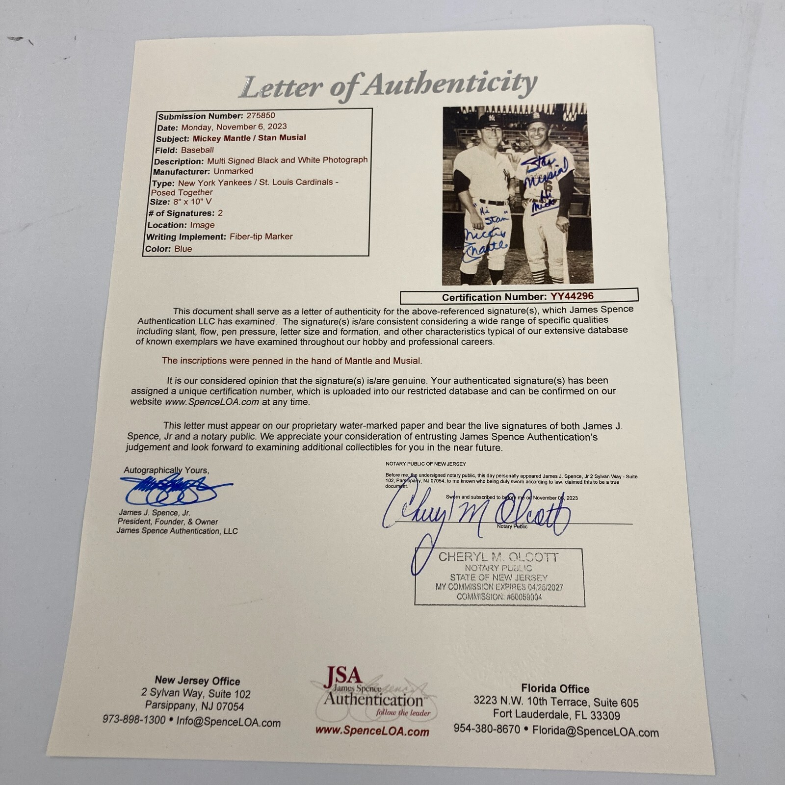 Mickey Mantle "Hi Stan" & Stan Musial "Hi Mick" Signed Inscribed 8x10 ...