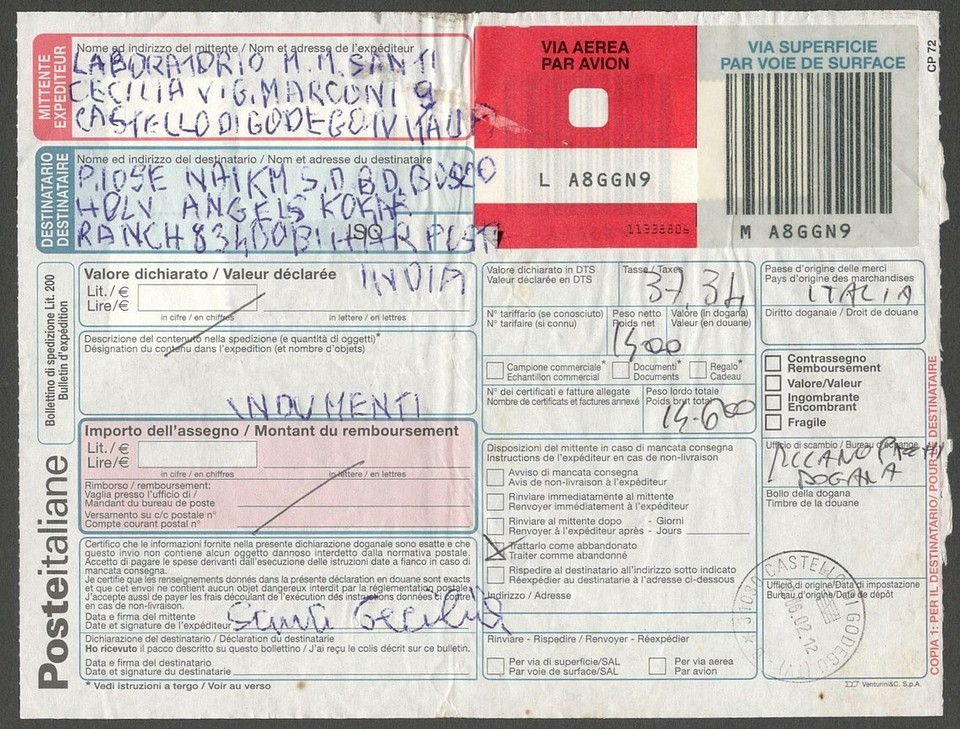 AOP Italy 2001 parcel card to India with a combination of Euro & Lire ...
