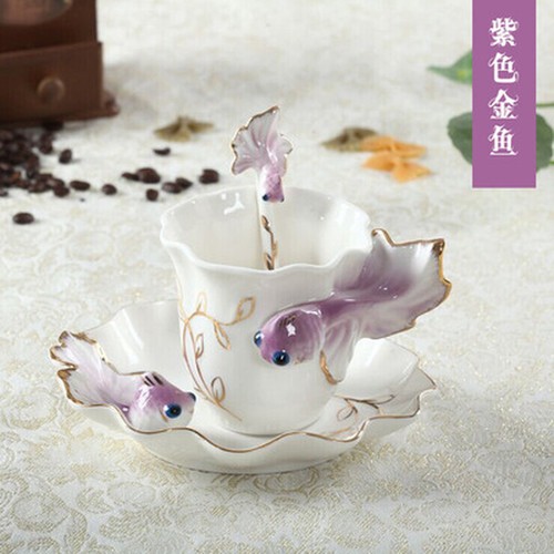 Fashion Hand Crafted Porcelain Enamel Goldfish Coffee Cup Saucer Spoon ...