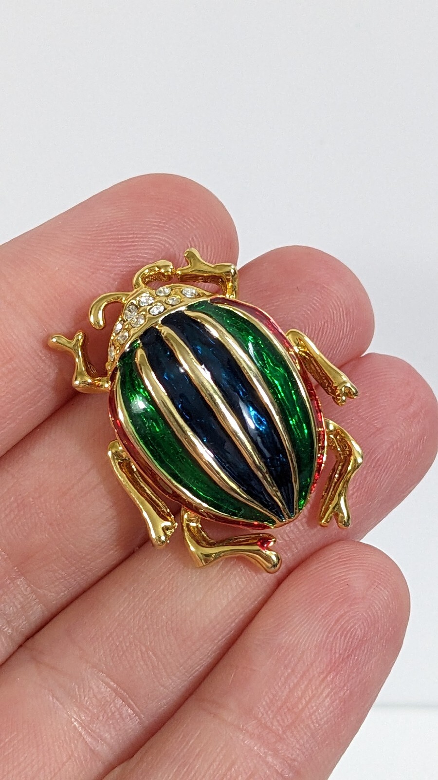 Striped Beetle Shaped Rhinestone And Enamel Gold Tone… - Gem