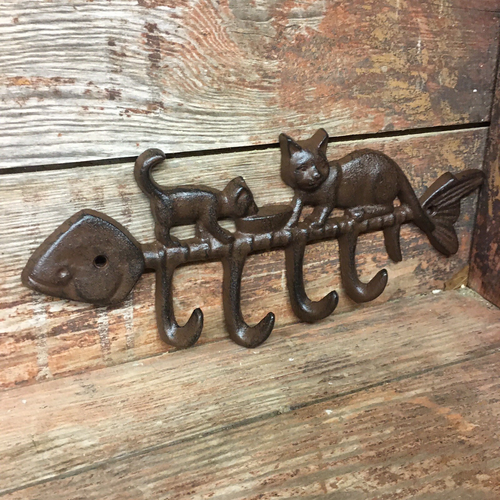 Cast Iron Cat & Kitten Fishbone Wall Hanger 4 Hook Coat Hat Towel Rack ...