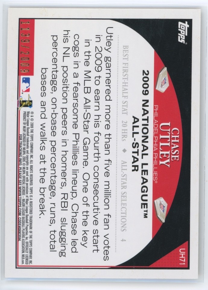 CHASE UTLEY 2009 TOPPS UPDATE & HIGHLIGHTS GOLD MLB ALL-STARS #1139/ ...