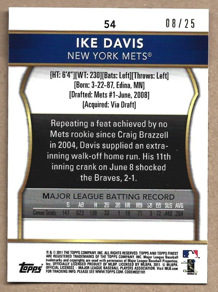2011 Finest Red Refractors #54 Ike Davis #d 08/25 Mets | eBay