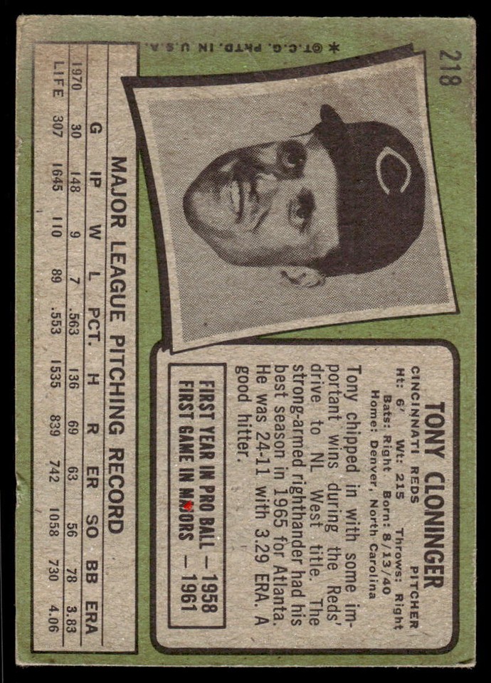 1971 Topps Tony Cloninger #218 Cincinnati Reds Baseball Card | eBay