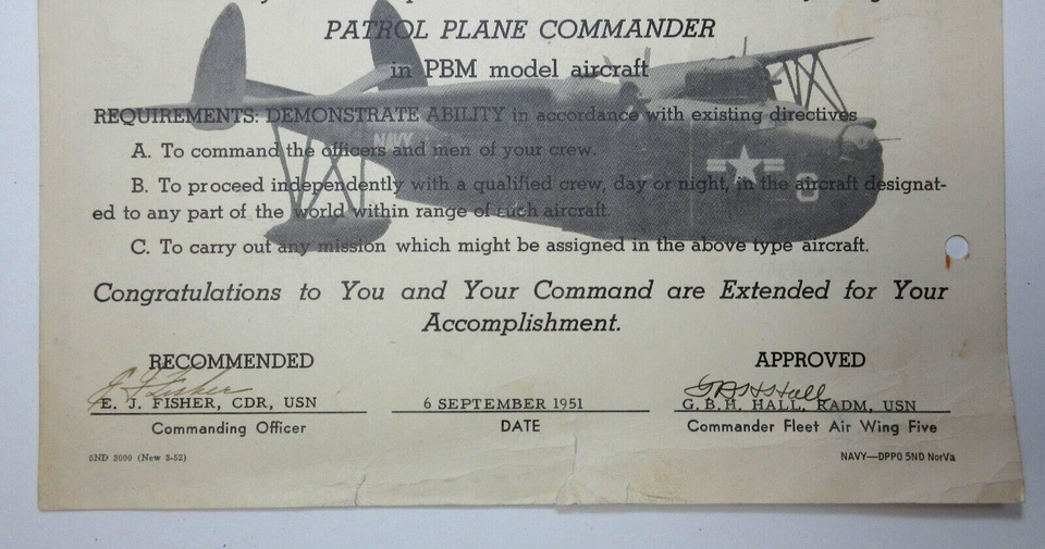 Korean War US Navy Pilot Certificate Martin PBM Mariner CVW-5 Catalina ...