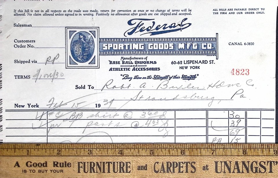 1931 Federal Sporting Goods Invoice New York Baseball Uniforms Vintage ...