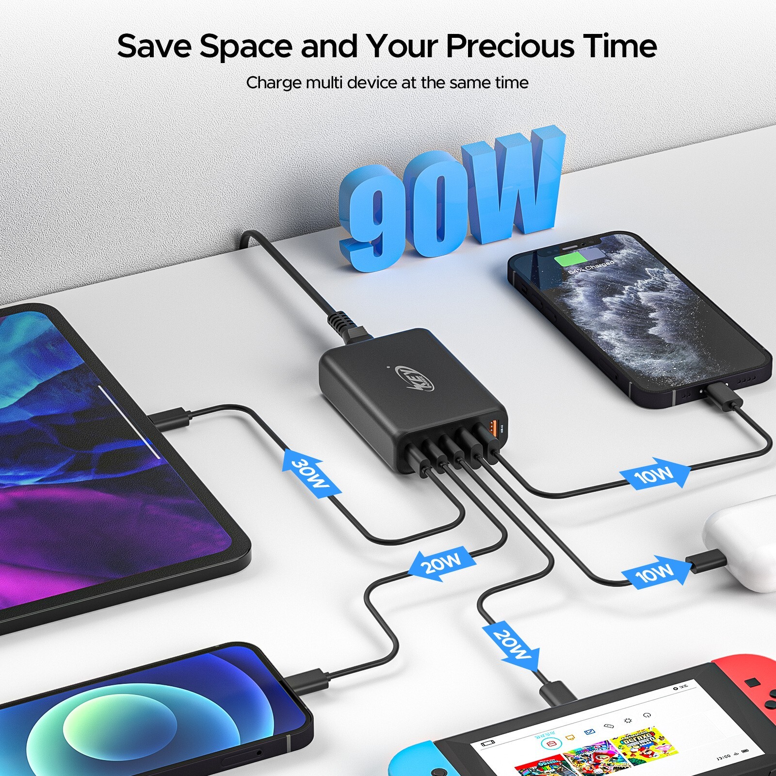 90W USB C charger, 3 USB-C Port and 3 USB-A Port Quick Charger Station ...