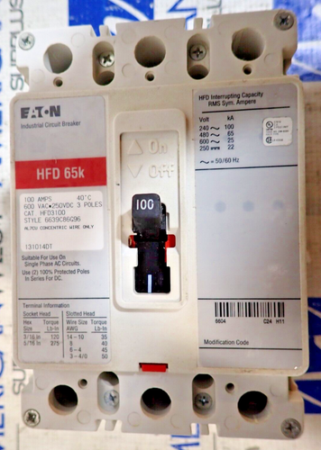 Eaton HFD3100 100A Circuit Breaker Glossy Red 3 Pole 480/600V HFD3100L 100 Amp for sale online ...
