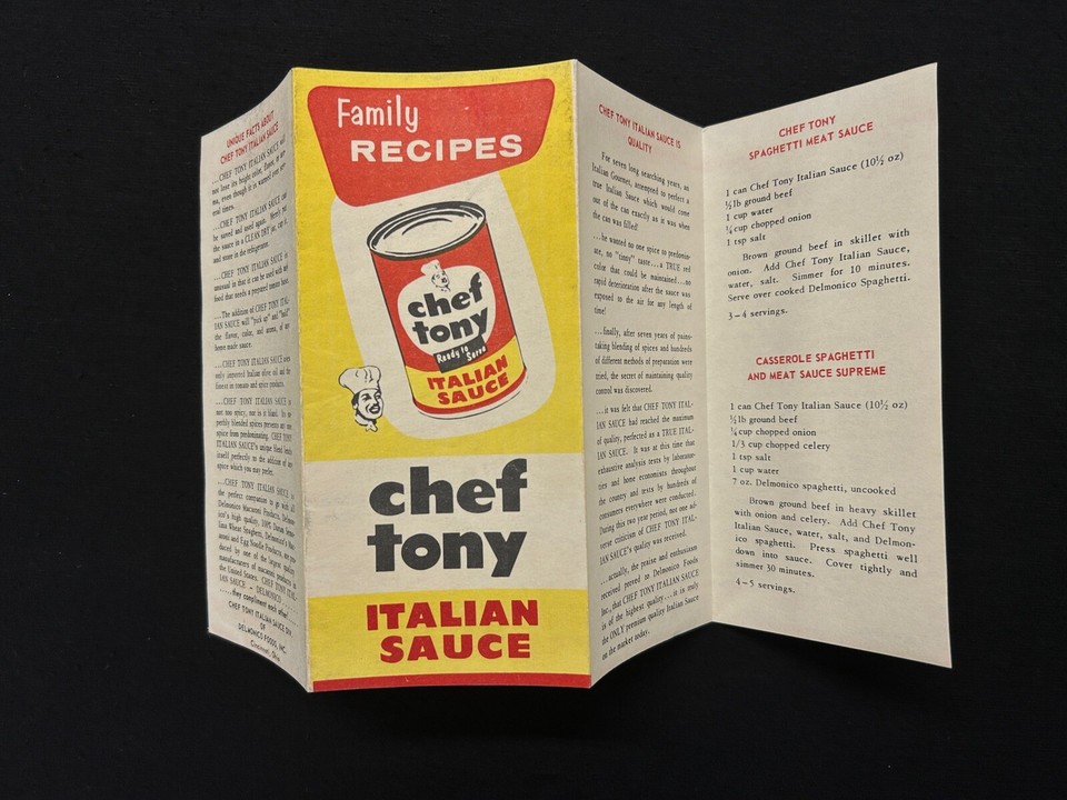 Family Recipes CHEF TONY ITALIAN SAUCE Delmonico Foods VTG brochure | eBay