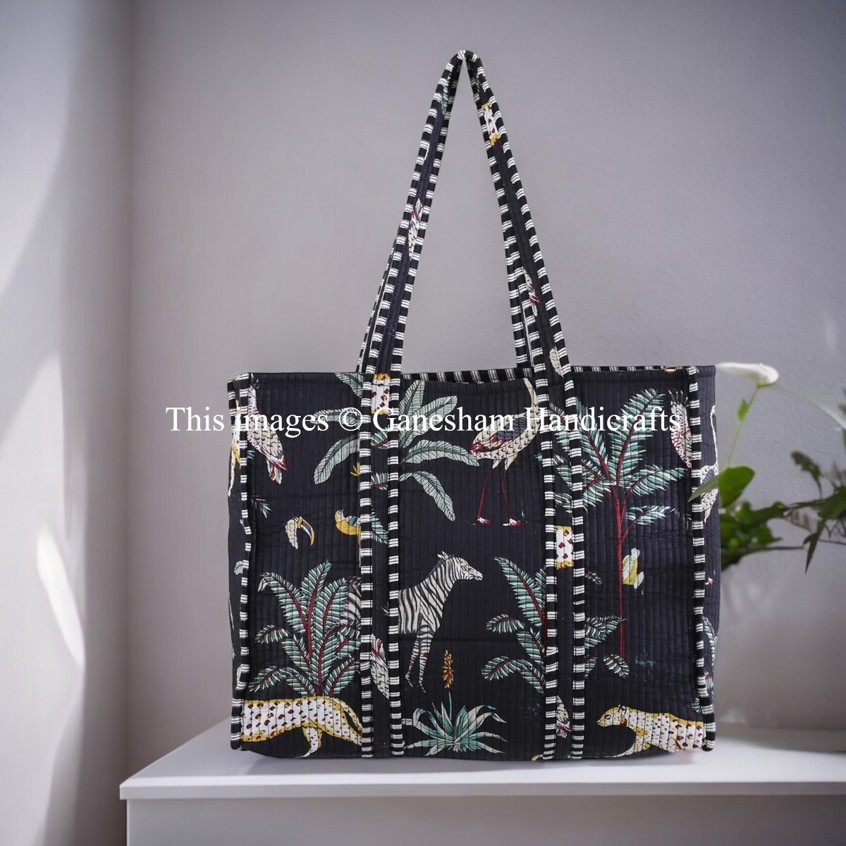 Indian Tote Bags Quilted Handmade Cotton Block Large Shoulder Shopping ...