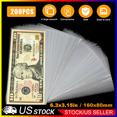 200 X Money Bag Storage Protect World/US Currency Banknotes Clear Soft ...