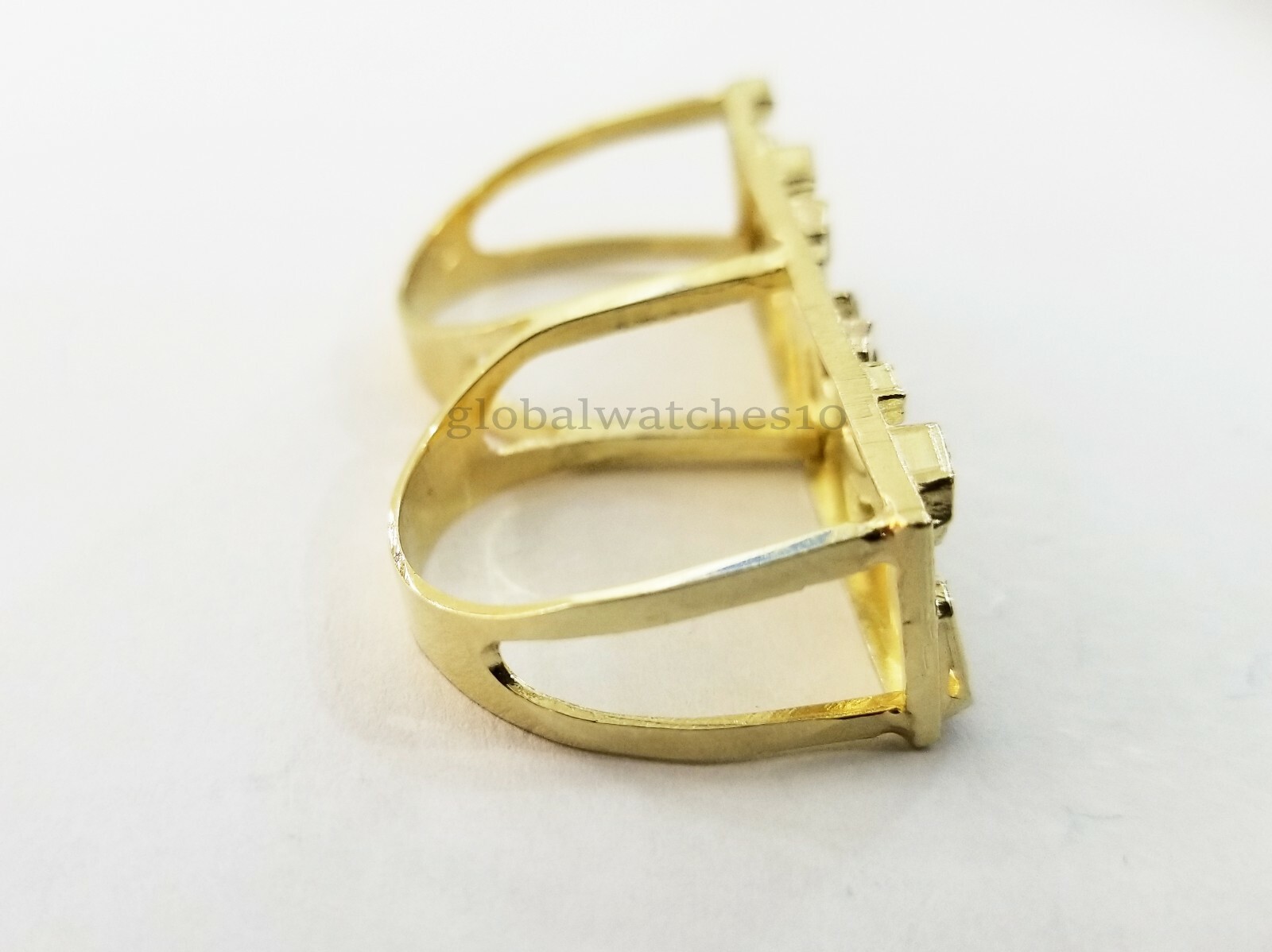 10k Yellow Gold Nugget Two Finger Men Ring Diamond Cut Design Double ...