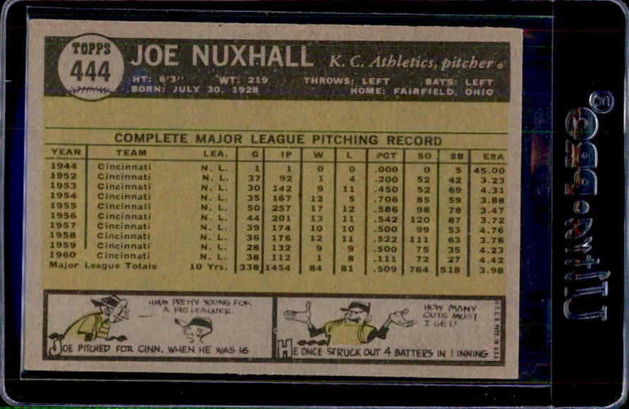 Joe Nuxhall 1961 Topps #444 Signed Baseball Card Kansas City Athletics ...