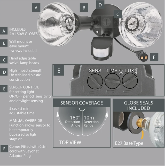Arlec Castalia Twin Par38 DIY Compact Security Flood Light 10m ...