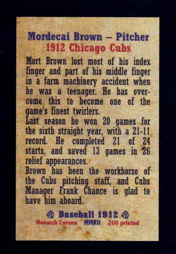 1912 Mordecai 3-Fingers Brown, Chicago Cubs Centennial / FREE SHIP ...