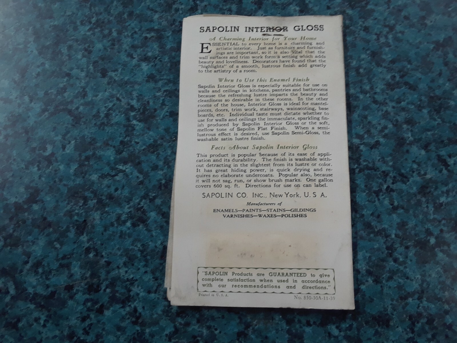 VTG 1939 SAPOLIN INTERIOR GLOSS WALL PAINT COLOR SAMPLE CHIP CHART ...