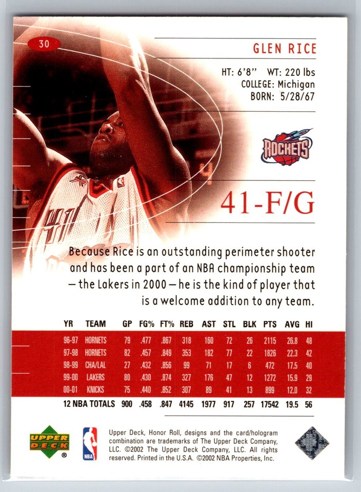 2001-02 Upper Deck Honor Roll Glen Rice Houston Rockets #30 | eBay