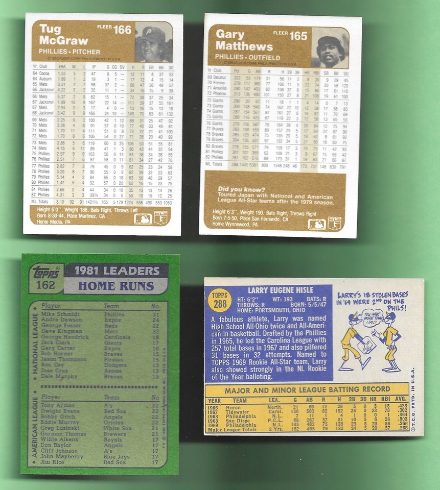 ALL 4! PHILADELPHIA PHILLIES! Mike Schmidt/Hisle RC/Tug Mcgraw/Gary ...