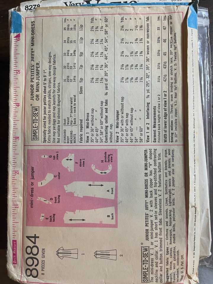 Simplicity 8984 Vintage 70's Jiffy Mini Dress or Mini Jumper Sewing ...