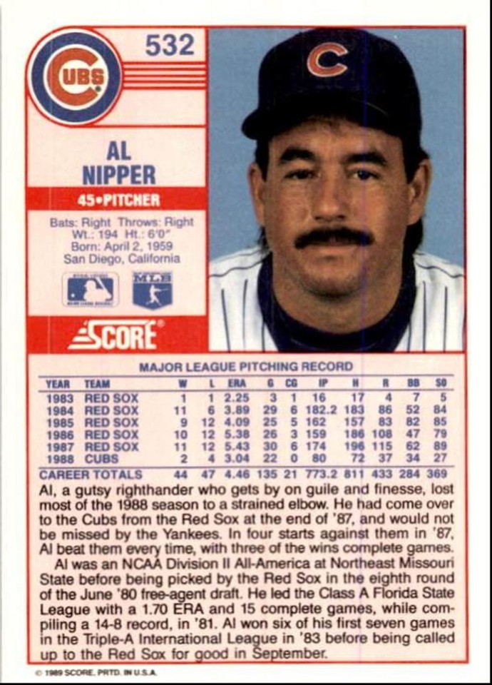 1989 Score Baseball Card Al Nipper Chicago Cubs #532 | eBay