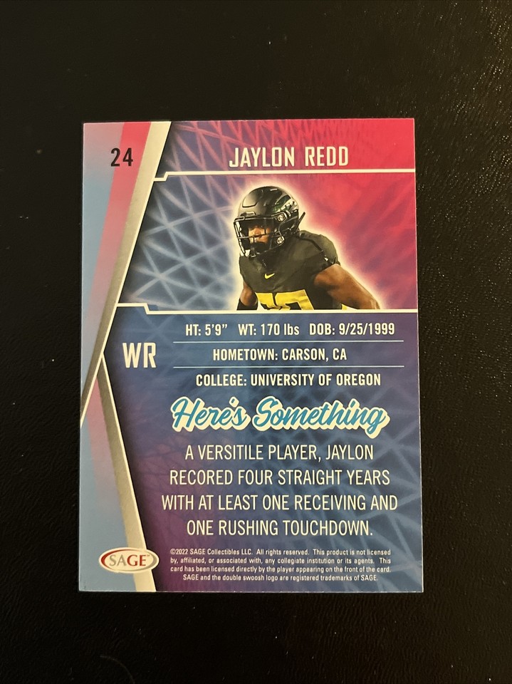 Jaylon Redd 2022 Sage Football Low Series Rookie Card #24 C6 | eBay