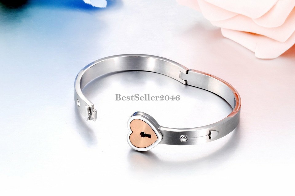 Womens Heart Lock Bangle Bracelet and Key Pendant Chain Necklace ...