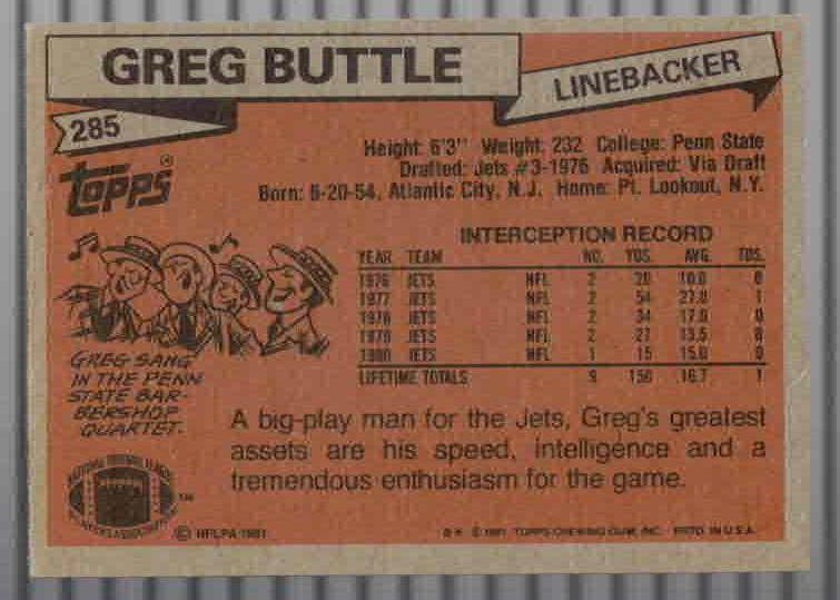 1981 Topps Football Card #285 Greg Buttle New York Jets | eBay