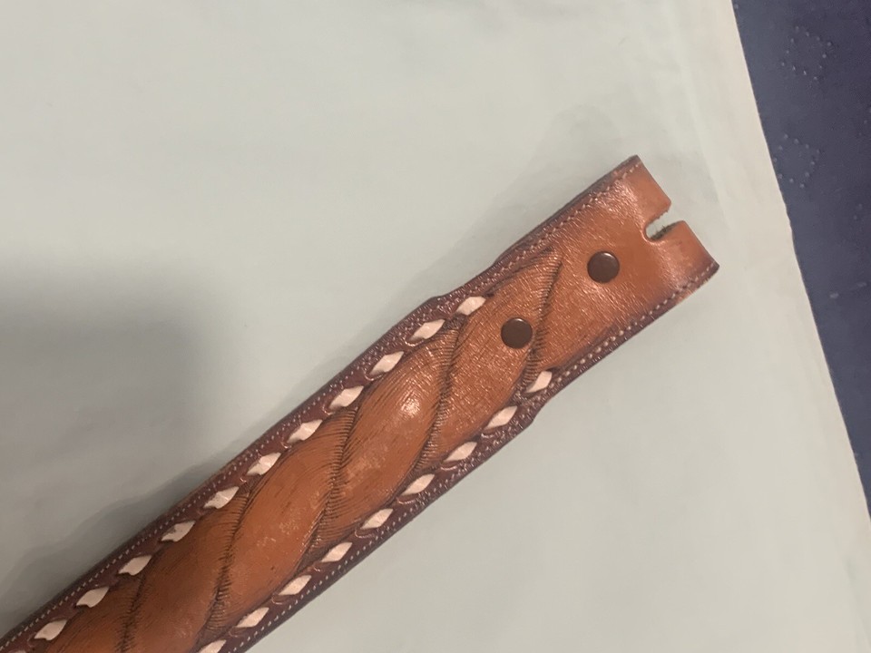 MENS TONY LAMA TOOLED WESTERN BELT W/White Backstitching & Raised ...
