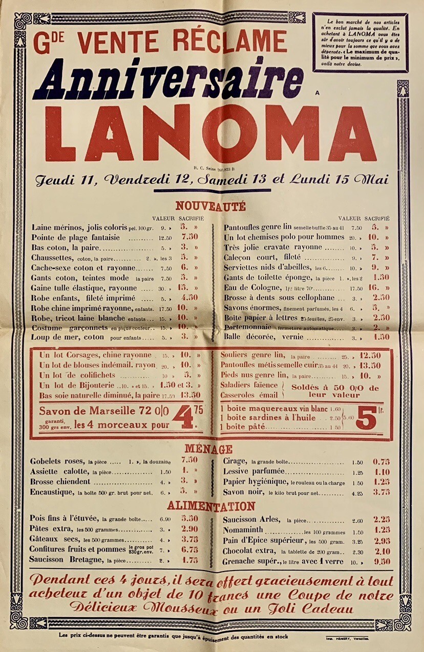 Vtg 1900’s LANOMA Department Store Sale Poster Clothing Wine Versailles ...