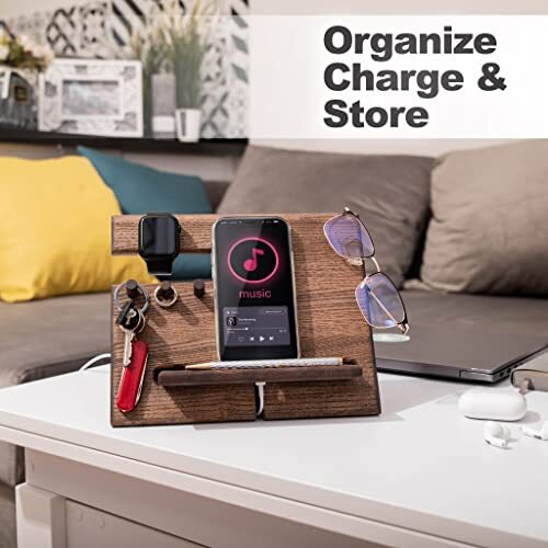 Wood Phone Docking Station Ash Hooks Key Holder Wallet Stand Watch ...
